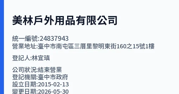 美林戶外用品有限公司的照片-統編 24837943(臺中市) 公司登記資料與營業項目詳細圖表