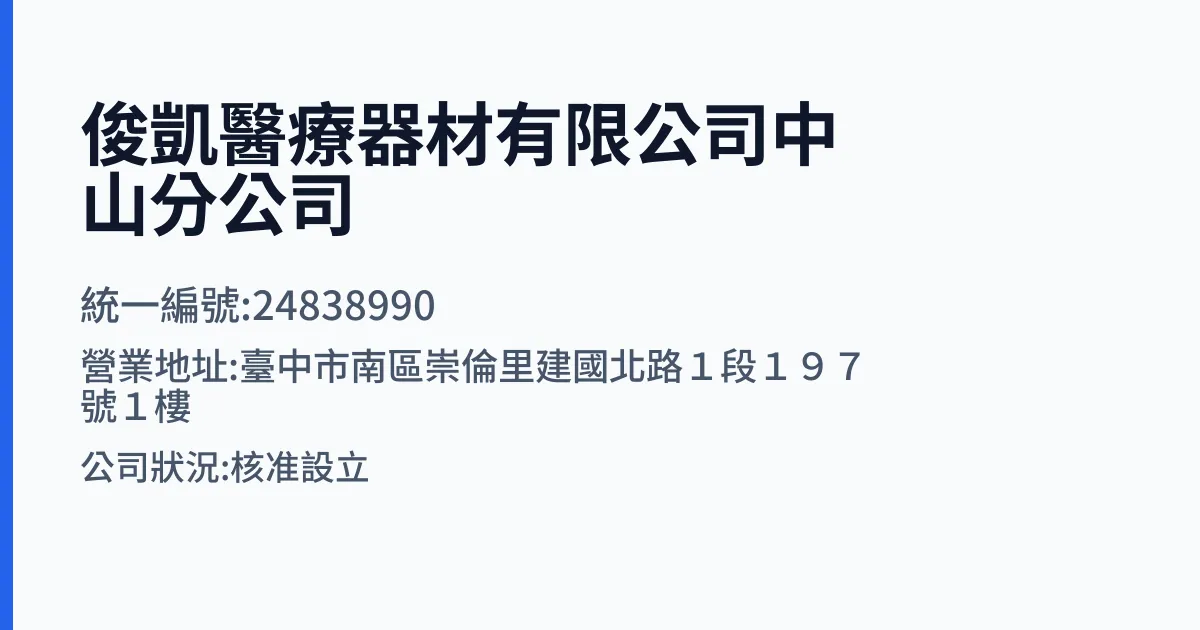 俊凱醫療器材有限公司中山分公司 - 統編 24838990(臺中市) 公司登記資料與營業項目詳細圖表
