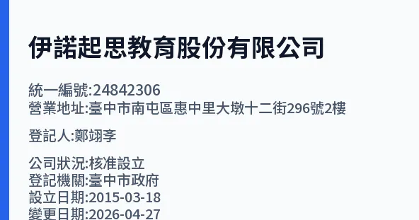 伊諾起思教育股份有限公司的照片-統編 24842306(臺中市) 公司登記資料與營業項目詳細圖表