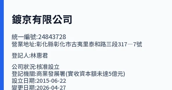 鍍京有限公司的照片-統編 24843728(彰化縣) 公司登記資料與營業項目詳細圖表