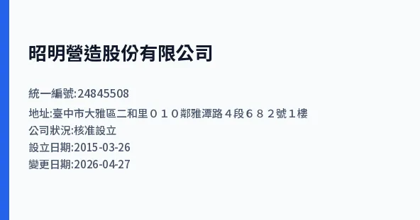 昭明營造股份有限公司的照片-統編 24845508(臺中市) 公司登記資料與營業項目詳細圖表