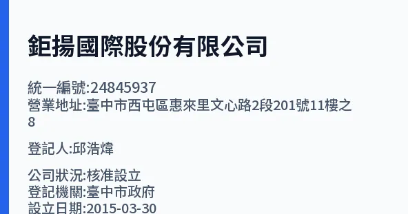 鉅揚國際股份有限公司的照片-統編 24845937(臺中市) 公司登記資料與營業項目詳細圖表