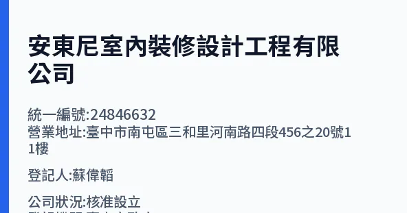 安東尼室內裝修設計工程有限公司的照片-統編 24846632(臺中市) 公司登記資料與營業項目詳細圖表
