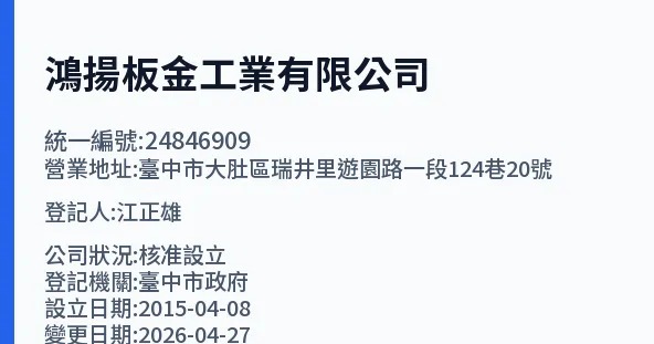 鴻揚板金工業有限公司的照片-統編 24846909(臺中市) 公司登記資料與營業項目詳細圖表
