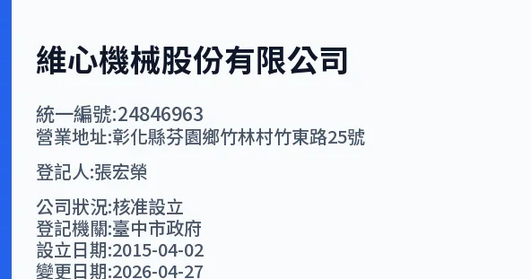 維心機械股份有限公司的照片-統編 24846963(彰化縣) 公司登記資料與營業項目詳細圖表