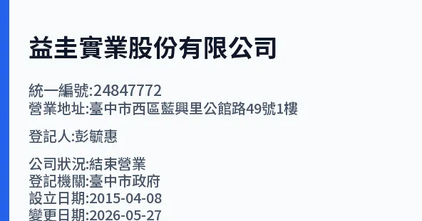 益圭實業股份有限公司的照片-統編 24847772(臺中市) 公司登記資料與營業項目詳細圖表