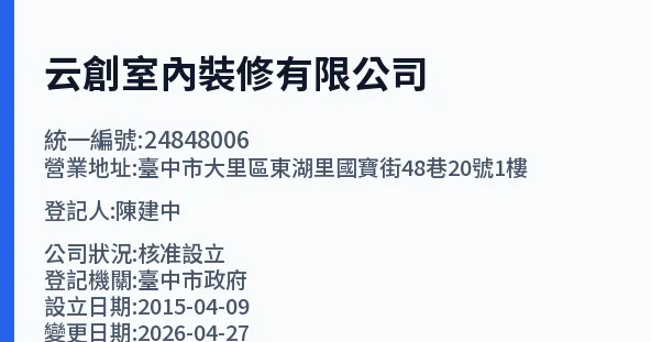 云創室內裝修有限公司的照片-統編 24848006(臺中市) 公司登記資料與營業項目詳細圖表
