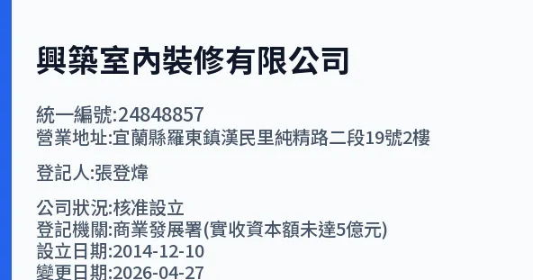 興築室內裝修有限公司的照片-統編 24848857(宜蘭縣) 公司登記資料與營業項目詳細圖表