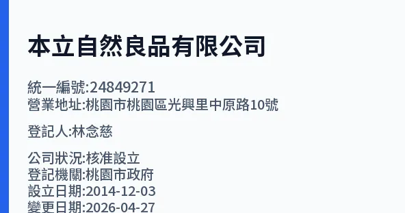 本立自然良品有限公司的照片-統編 24849271(桃園市) 公司登記資料與營業項目詳細圖表