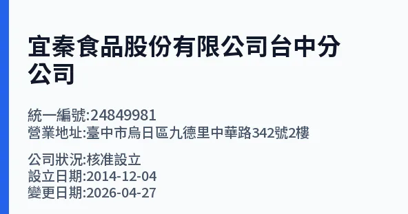 宜秦食品股份有限公司台中分公司的照片-統編 24849981(臺中市) 公司登記資料與營業項目詳細圖表