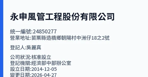 永申風管工程股份有限公司的照片-統編 24850277(苗栗縣) 公司登記資料與營業項目詳細圖表