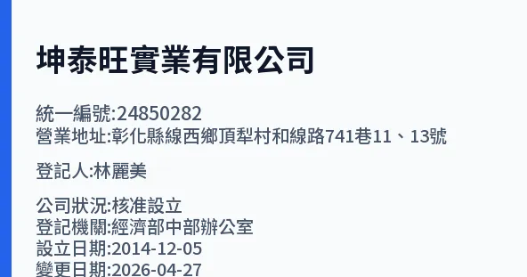 坤泰旺實業有限公司的照片-統編 24850282(彰化縣) 公司登記資料與營業項目詳細圖表