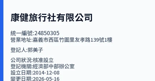 康健旅行社有限公司的照片-統編 24850305(嘉義市) 公司登記資料與營業項目詳細圖表