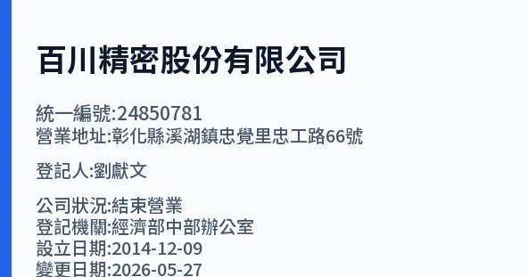 百川精密股份有限公司的照片-統編 24850781(彰化縣) 公司登記資料與營業項目詳細圖表