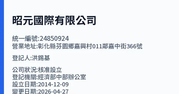 昭元國際有限公司的照片-統編 24850924(彰化縣) 公司登記資料與營業項目詳細圖表
