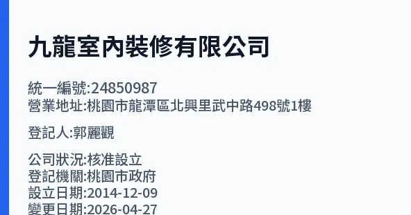 九龍室內裝修有限公司的照片-統編 24850987(桃園市) 公司登記資料與營業項目詳細圖表
