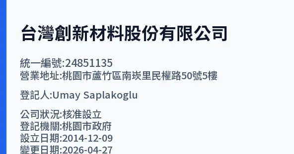 台灣創新材料股份有限公司的照片-統編 24851135(桃園市) 公司登記資料與營業項目詳細圖表