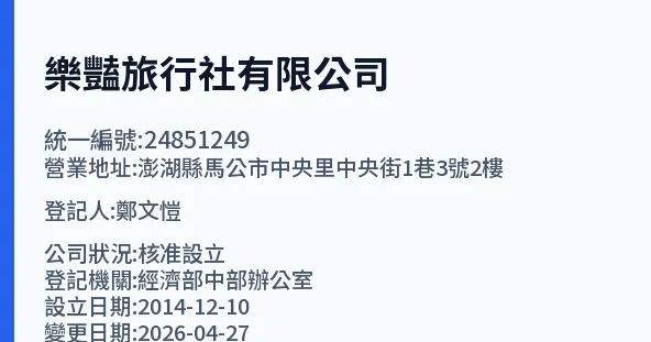 樂豔旅行社有限公司的照片-統編 24851249(澎湖縣) 公司登記資料與營業項目詳細圖表