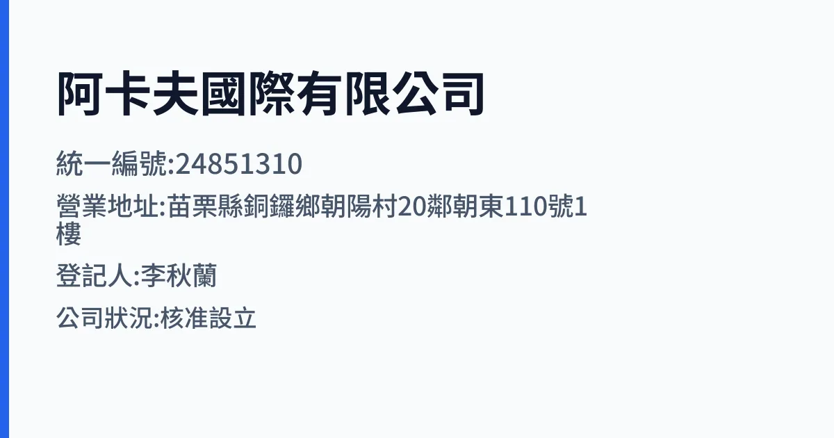 阿卡夫國際有限公司 - 統編 24851310(苗栗縣) 公司登記資料與營業項目詳細圖表