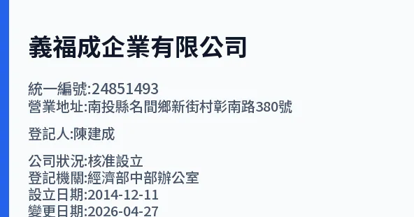 義福成企業有限公司的照片-統編 24851493(南投縣) 公司登記資料與營業項目詳細圖表