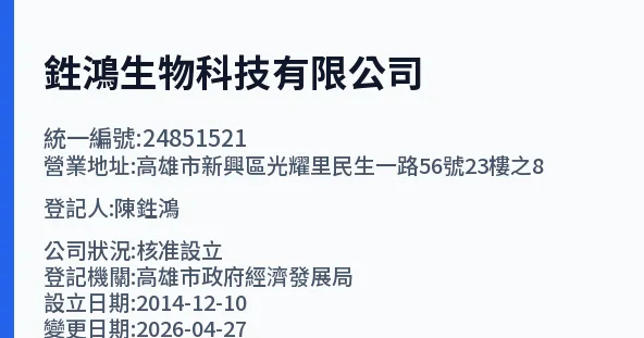 鉎鴻生物科技有限公司的照片-統編 24851521(高雄市) 公司登記資料與營業項目詳細圖表