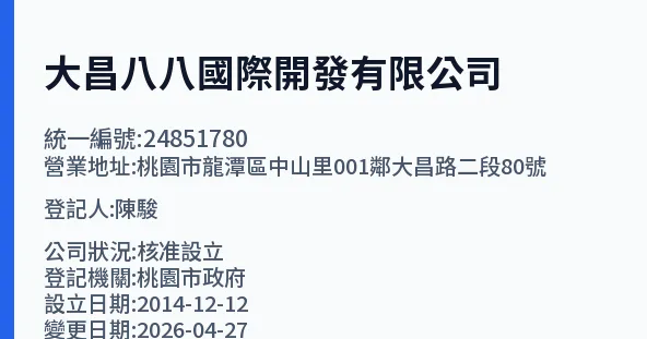 大昌八八國際開發有限公司的照片-統編 24851780(桃園市) 公司登記資料與營業項目詳細圖表