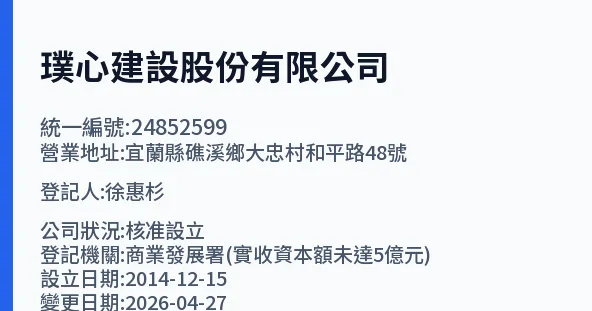 璞心建設股份有限公司的照片-統編 24852599(宜蘭縣) 公司登記資料與營業項目詳細圖表