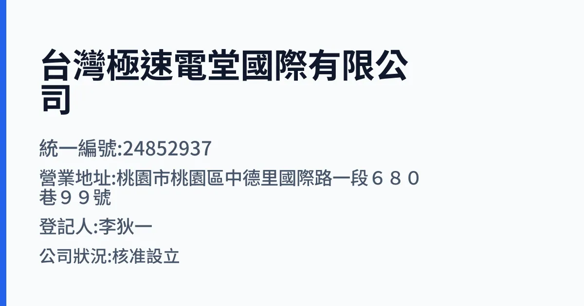 台灣極速電堂國際有限公司 - 統編 24852937(桃園市) 公司登記資料與營業項目詳細圖表