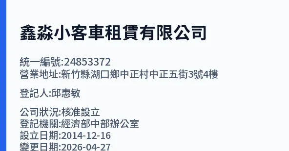 鑫淼小客車租賃有限公司的照片-統編 24853372(新竹縣) 公司登記資料與營業項目詳細圖表