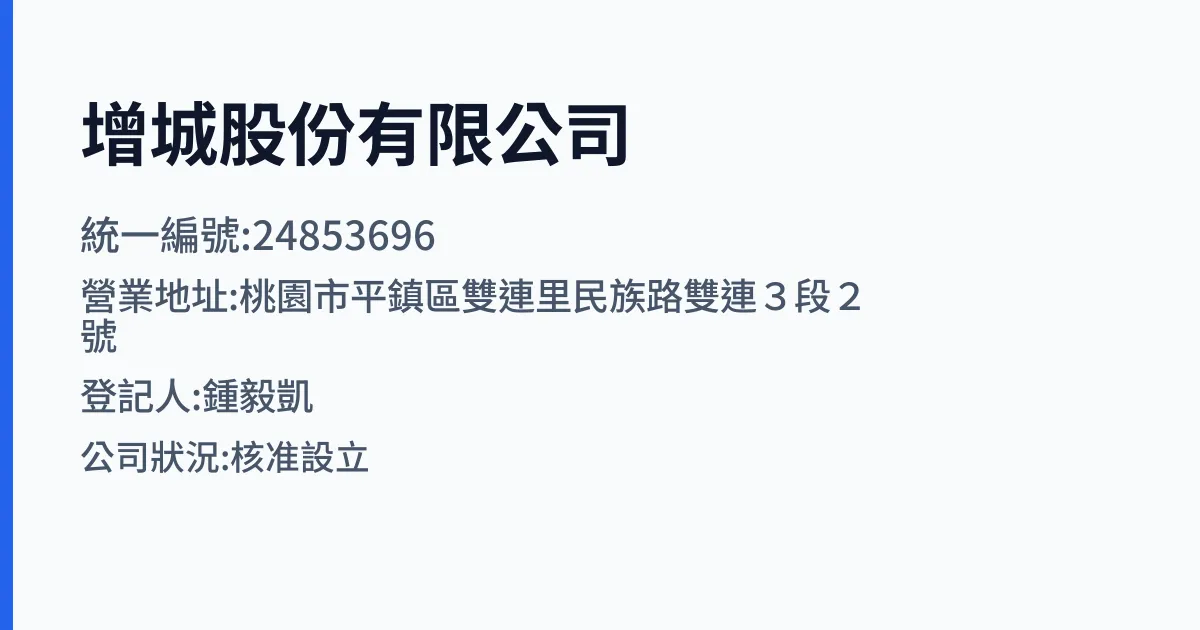 增城股份有限公司 - 統編 24853696(桃園市) 公司登記資料與營業項目詳細圖表