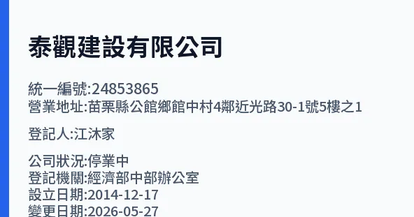 泰觀建設有限公司的照片-統編 24853865(苗栗縣) 公司登記資料與營業項目詳細圖表