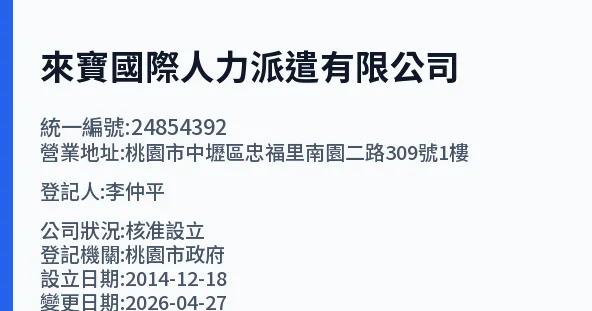 來寶國際人力派遣有限公司的照片-統編 24854392(桃園市) 公司登記資料與營業項目詳細圖表