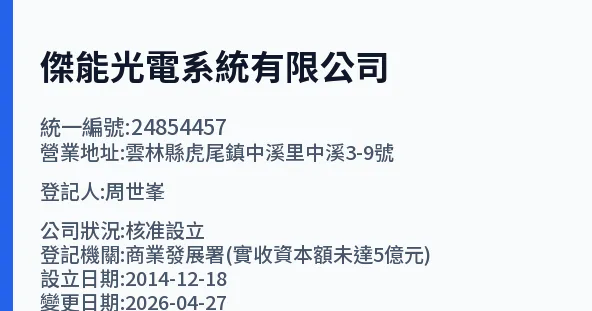 傑能光電系統有限公司的照片-統編 24854457(雲林縣) 公司登記資料與營業項目詳細圖表