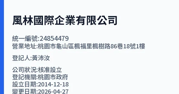 風林國際企業有限公司的照片-統編 24854479(桃園市) 公司登記資料與營業項目詳細圖表
