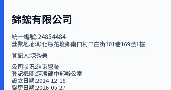 錦鋐有限公司的照片-統編 24854484(彰化縣) 公司登記資料與營業項目詳細圖表