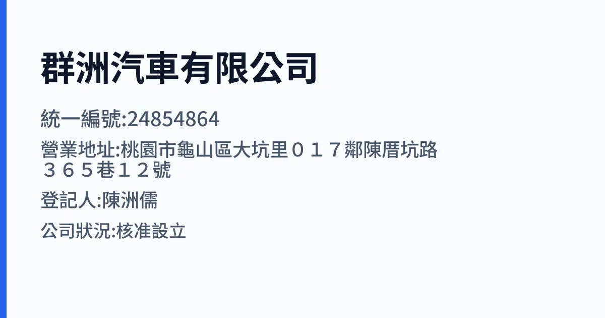 群洲汽車有限公司 - 統編 24854864(桃園市) 公司登記資料與營業項目詳細圖表