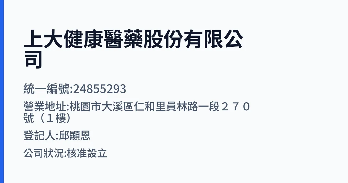 上大健康醫藥股份有限公司 - 統編 24855293(桃園市) 公司登記資料與營業項目詳細圖表
