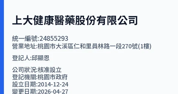 上大健康醫藥股份有限公司的照片-統編 24855293(桃園市) 公司登記資料與營業項目詳細圖表