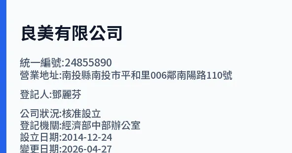 良美有限公司的照片-統編 24855890(南投縣) 公司登記資料與營業項目詳細圖表