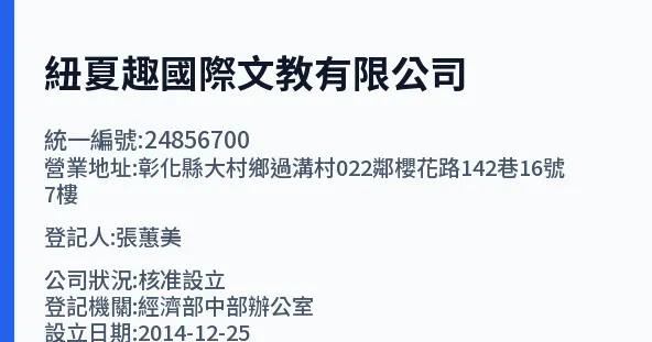 紐夏趣國際文教有限公司的照片-統編 24856700(彰化縣) 公司登記資料與營業項目詳細圖表