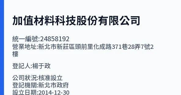 加值材料科技股份有限公司的照片-統編 24858192(新北市) 公司登記資料與營業項目詳細圖表