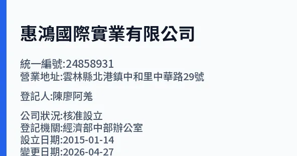 惠鴻國際實業有限公司的照片-統編 24858931(雲林縣) 公司登記資料與營業項目詳細圖表