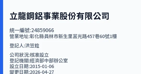 立龍鋼鋁事業股份有限公司的照片-統編 24859066(彰化縣) 公司登記資料與營業項目詳細圖表