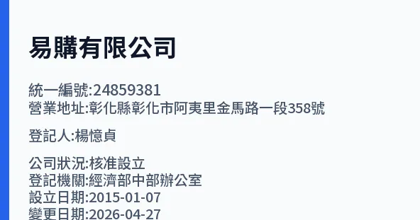 易購有限公司的照片-統編 24859381(彰化縣) 公司登記資料與營業項目詳細圖表