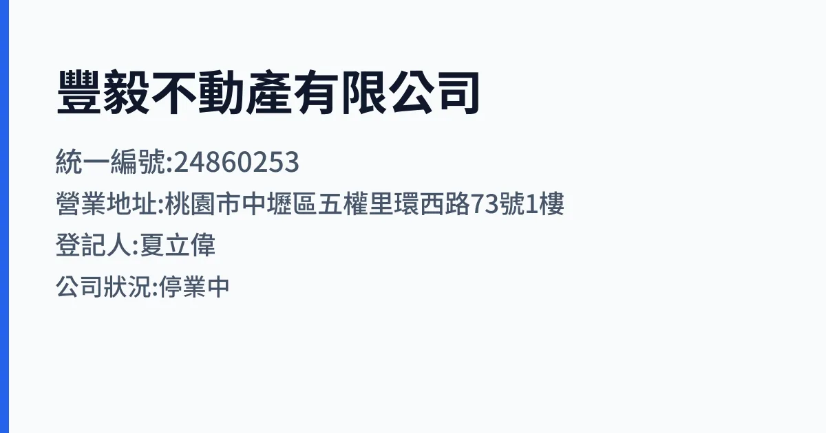 豐毅不動產有限公司 - 統編 24860253(桃園市) 公司登記資料與營業項目詳細圖表