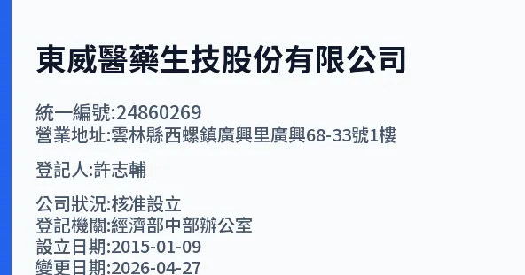 東威醫藥生技股份有限公司的照片-統編 24860269(雲林縣) 公司登記資料與營業項目詳細圖表
