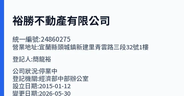 裕勝不動產有限公司的照片-統編 24860275(宜蘭縣) 公司登記資料與營業項目詳細圖表