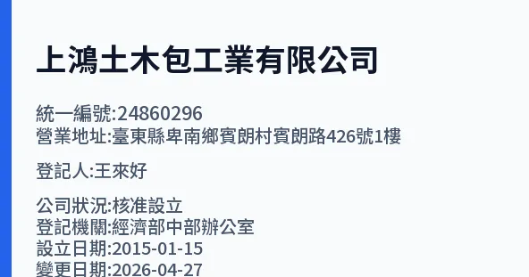 上鴻土木包工業有限公司的照片-統編 24860296(臺東縣) 公司登記資料與營業項目詳細圖表
