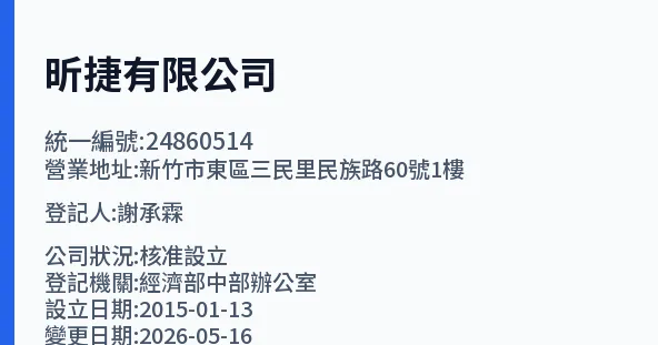 昕捷有限公司的照片-統編 24860514(新竹市) 公司登記資料與營業項目詳細圖表