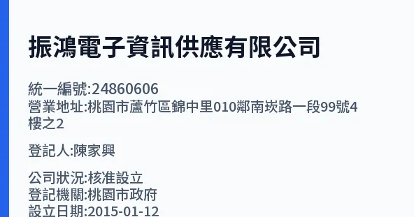 振鴻電子資訊供應有限公司的照片-統編 24860606(桃園市) 公司登記資料與營業項目詳細圖表
